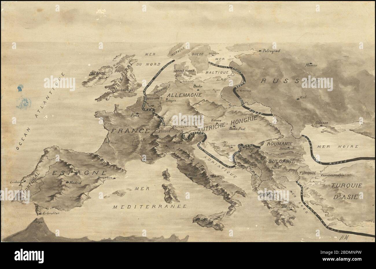 Hand-drawn bird's eye view map of Europe showing the blockade of the ...