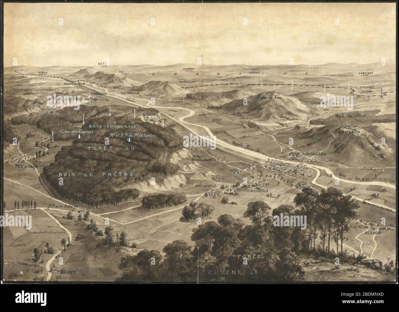 Hand-drawn bird's eye view of the Western Front of World War I near ...