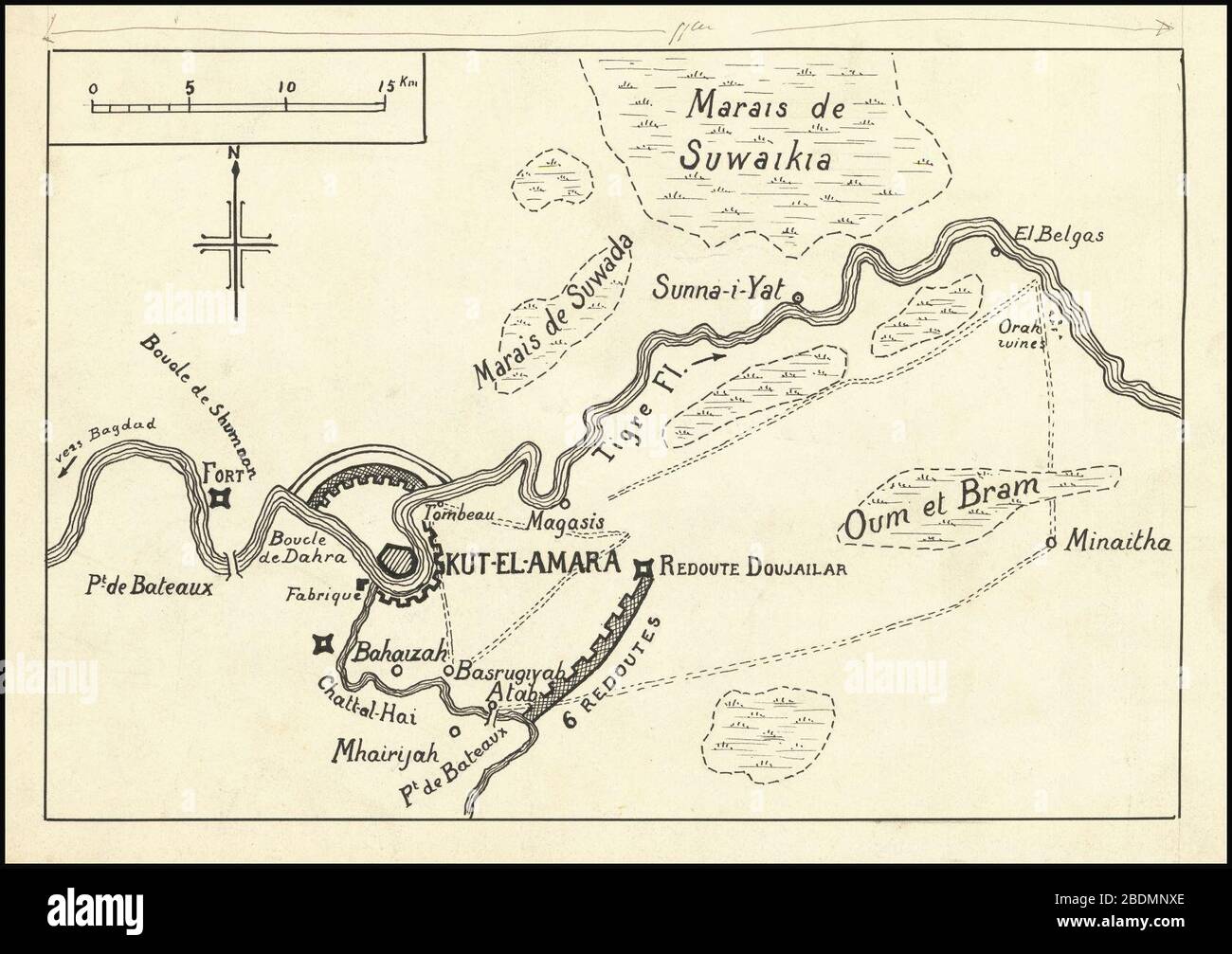 Hand-drawn map of the Siege of Kut-El-Amara in World War I in Iraq ...