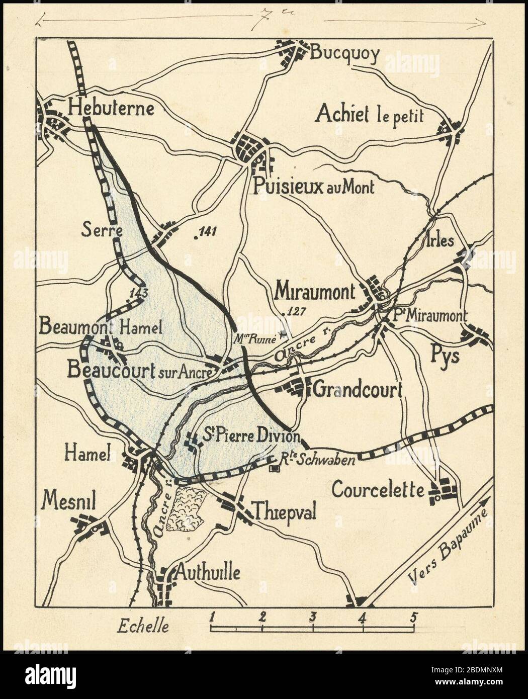 Hand-drawn map of the Western Front of World War I between Hebuterne ...