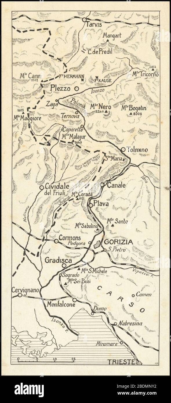 Hand-drawn map of the Italian Front of World War I north of Trieste ...