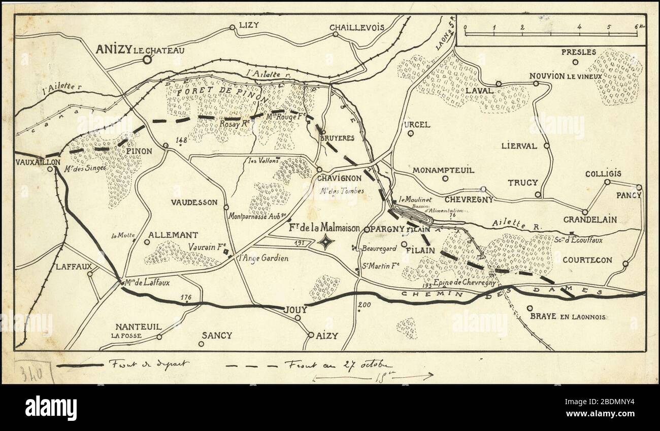 Hand-drawn map of the Western Front of World War I northeast of ...