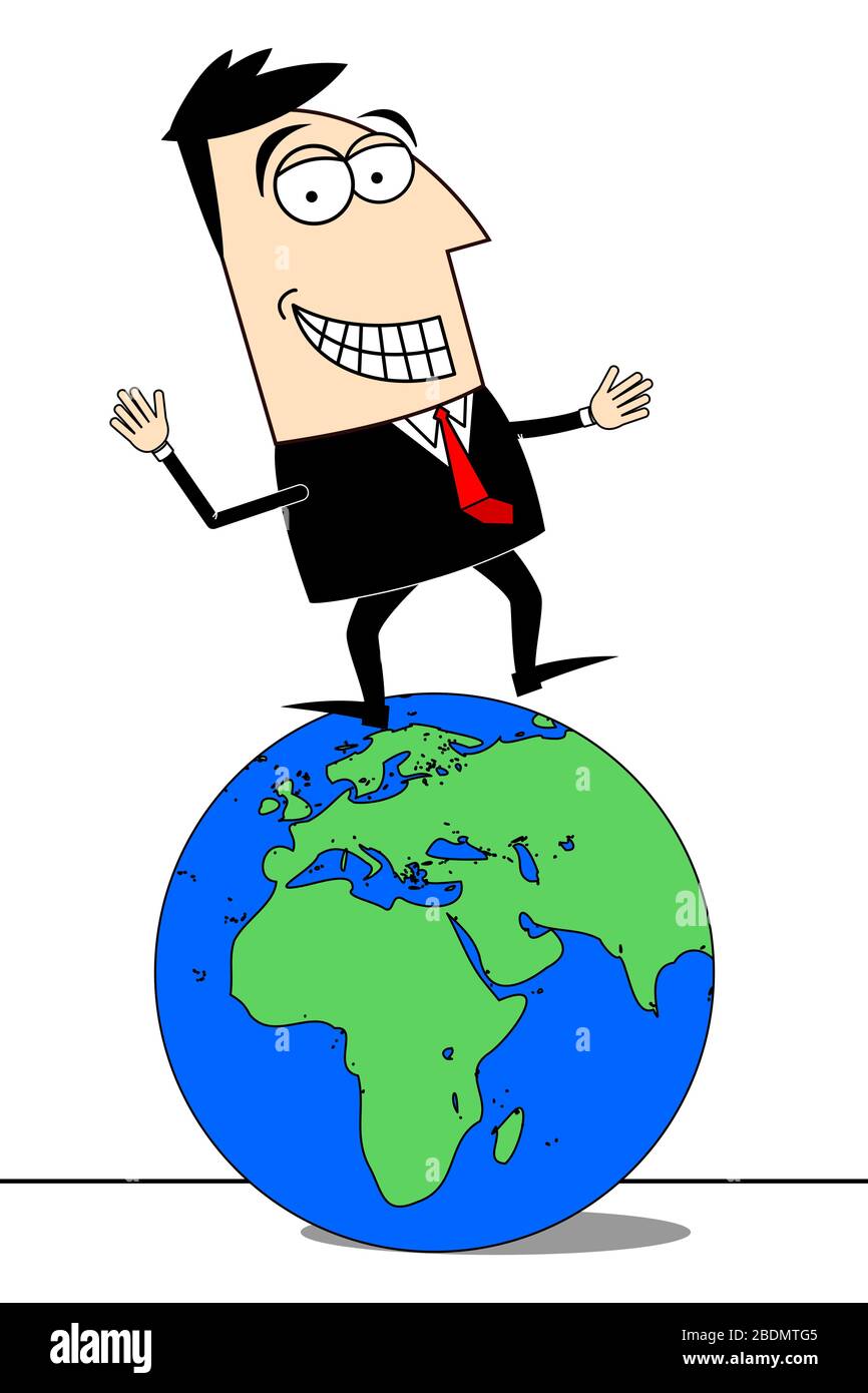 Cartoon businessman, Earth/ world map Stock Photo - Alamy