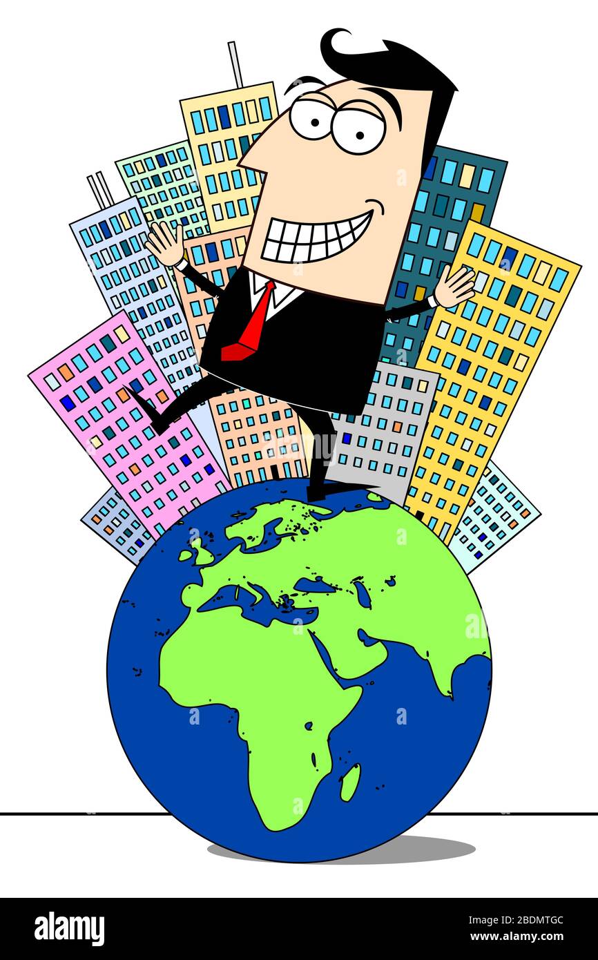 Cartoon businessman, Earth/ world map Stock Photo - Alamy