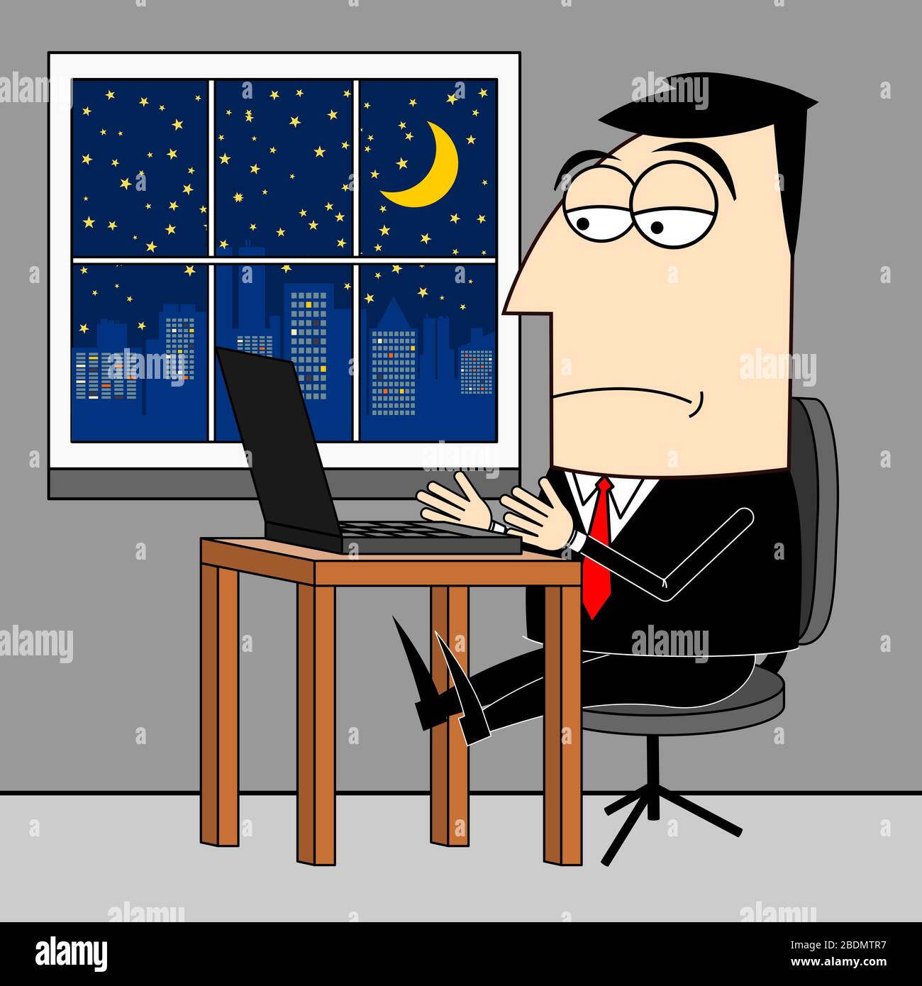 Cartoon businessman working late - overtime concept Stock Photo - Alamy