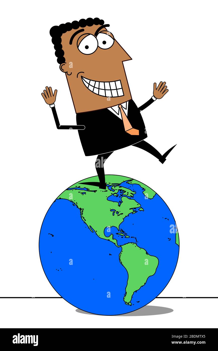 Cartoon businessman, Earth/ world map Stock Photo - Alamy