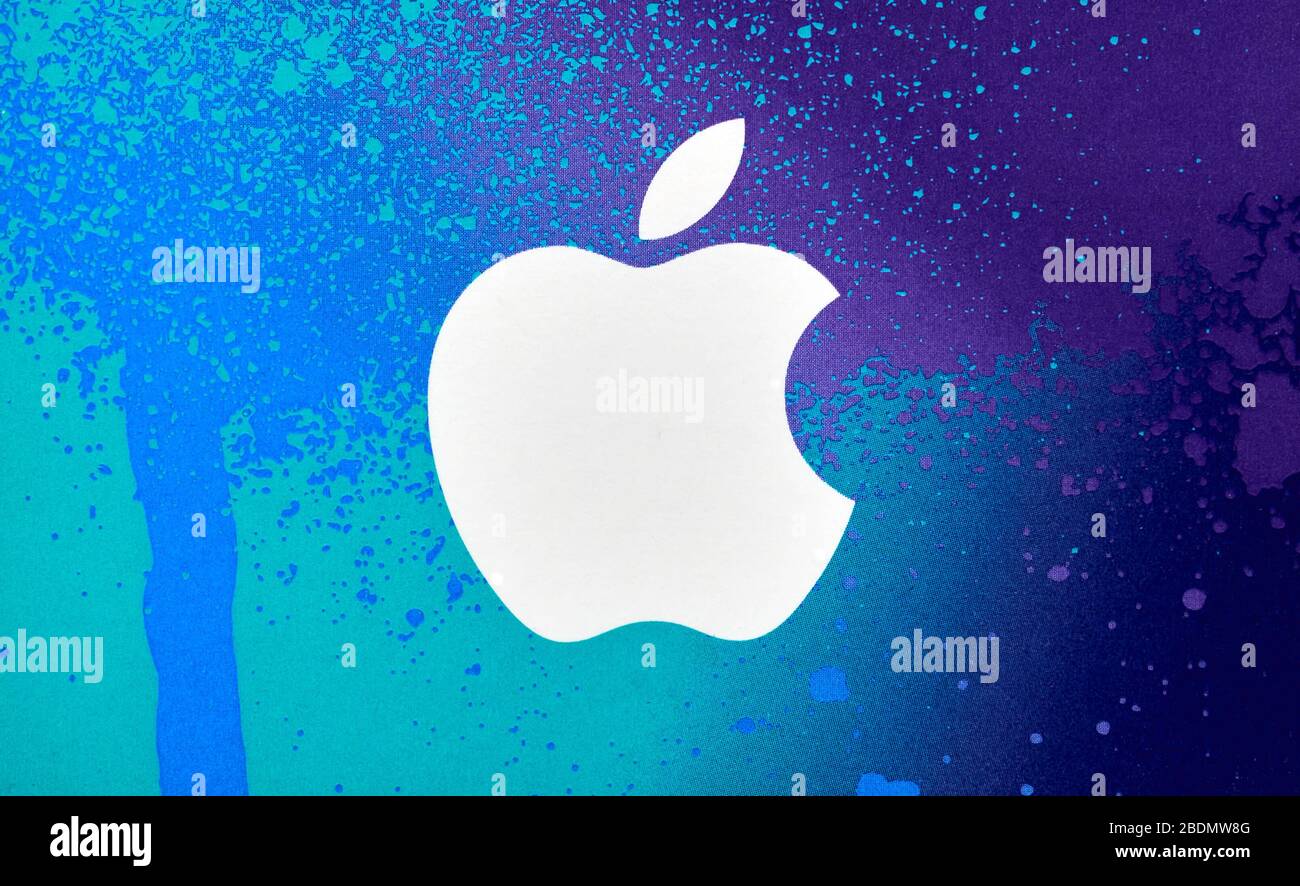 Montreal, Canada - April 6, 2020: Apple logo printed on colorful paper ...