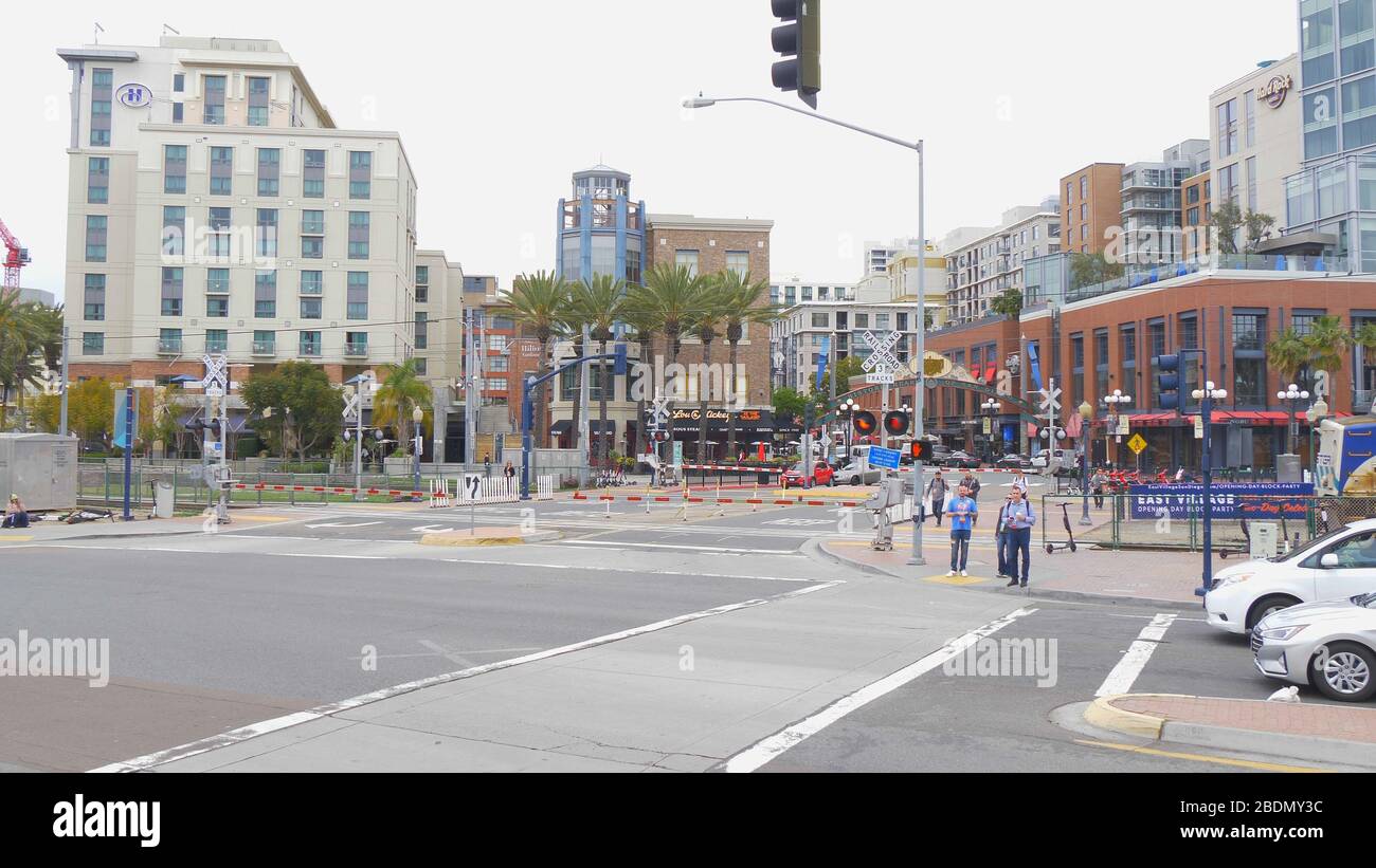 Street corner at San Diego Convention Center and Gaslamp Quarter ...