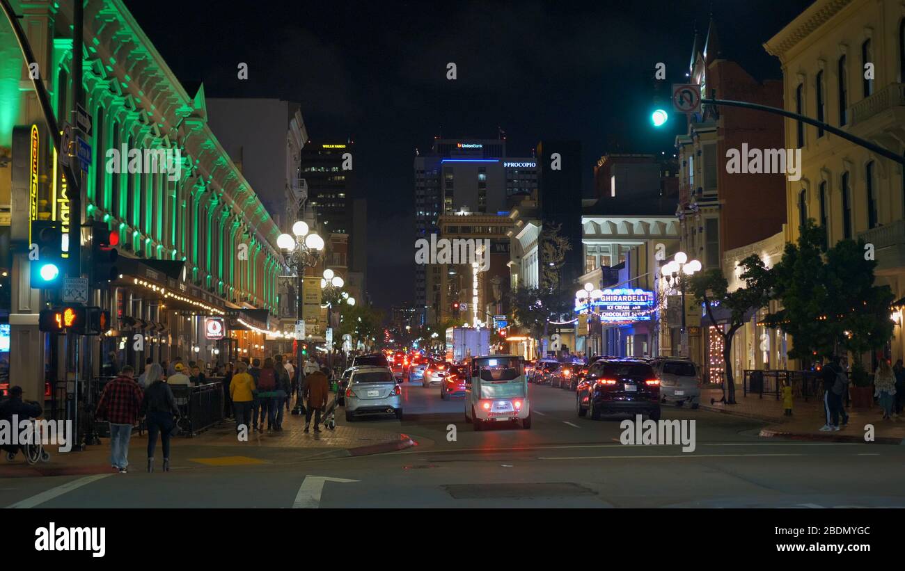 Street view at Gaslamp Quarter San Diego by night - CALIFORNIA, USA ...