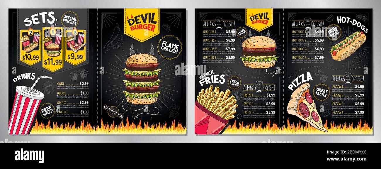 Devil burger - restaurant menu card/ template - (burgers, french fries ...
