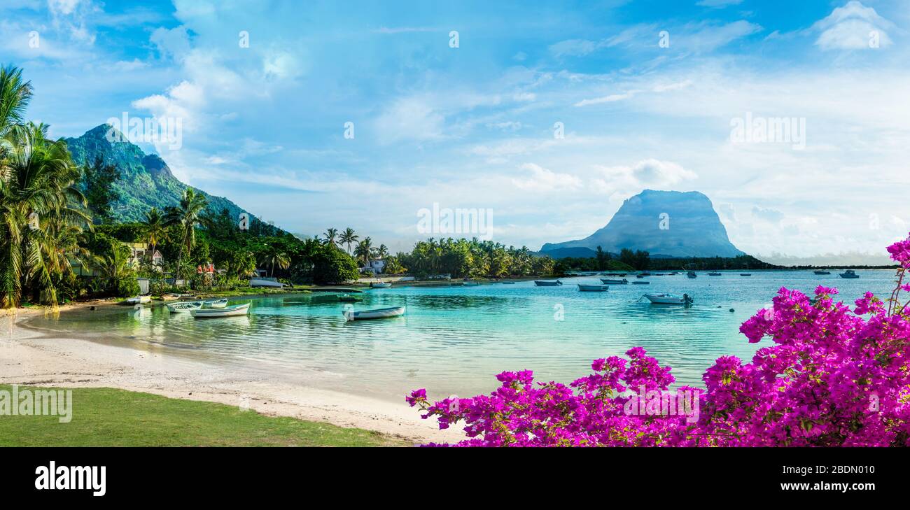 Mauritius landscape with la Gaulette fisherman village and Le Morne ...