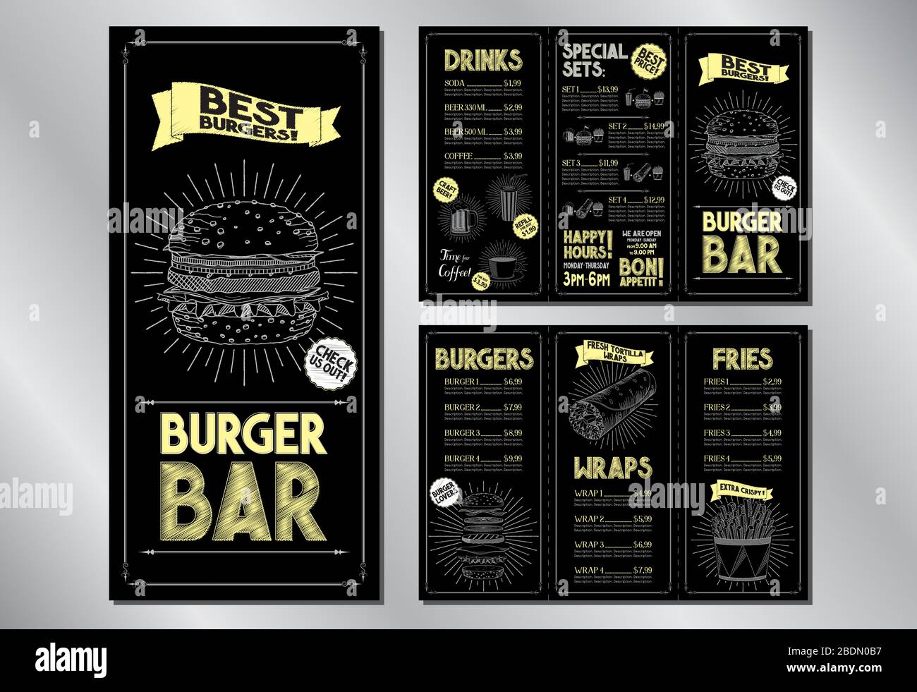 Burger bar menu brochure template (burgers, wraps, french fries, drinks ...