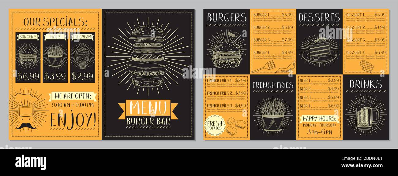 Burger bar menu template - A4 card (burgers, french fries, desserts ...