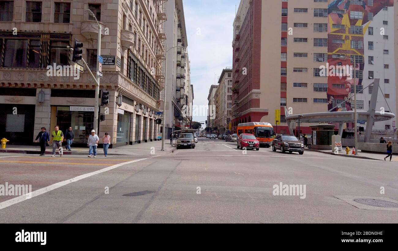 Street view in Los Angeles Downtown - LOS ANGELES, USA - APRIL 1, 2019 ...