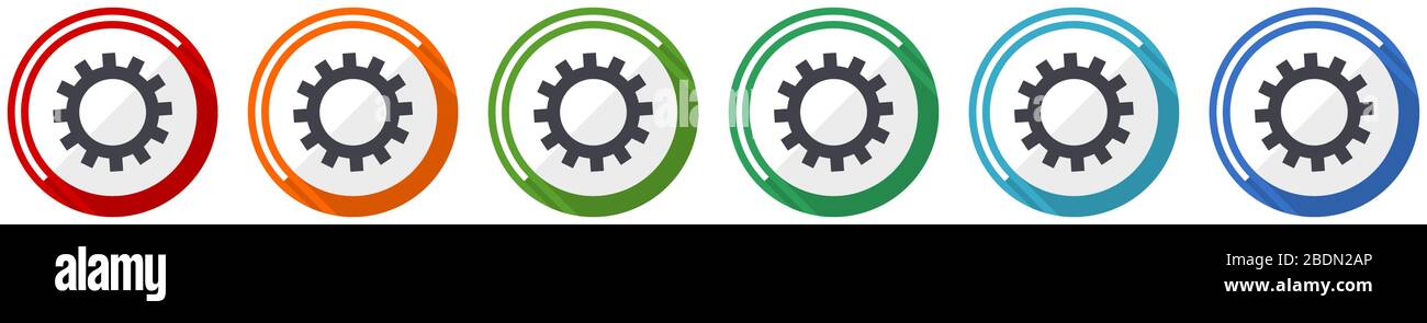 Gear icon set, flat design vector illustration in 6 colors options for ...