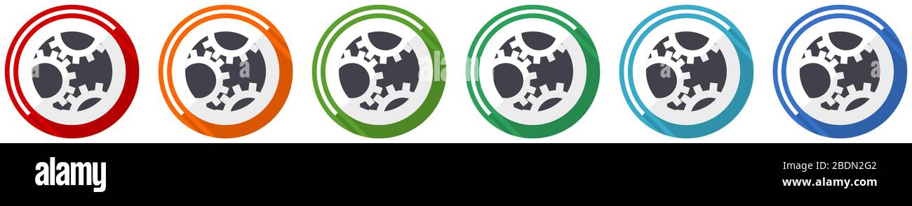 Gear icon set, flat design vector illustration in 6 colors options for ...