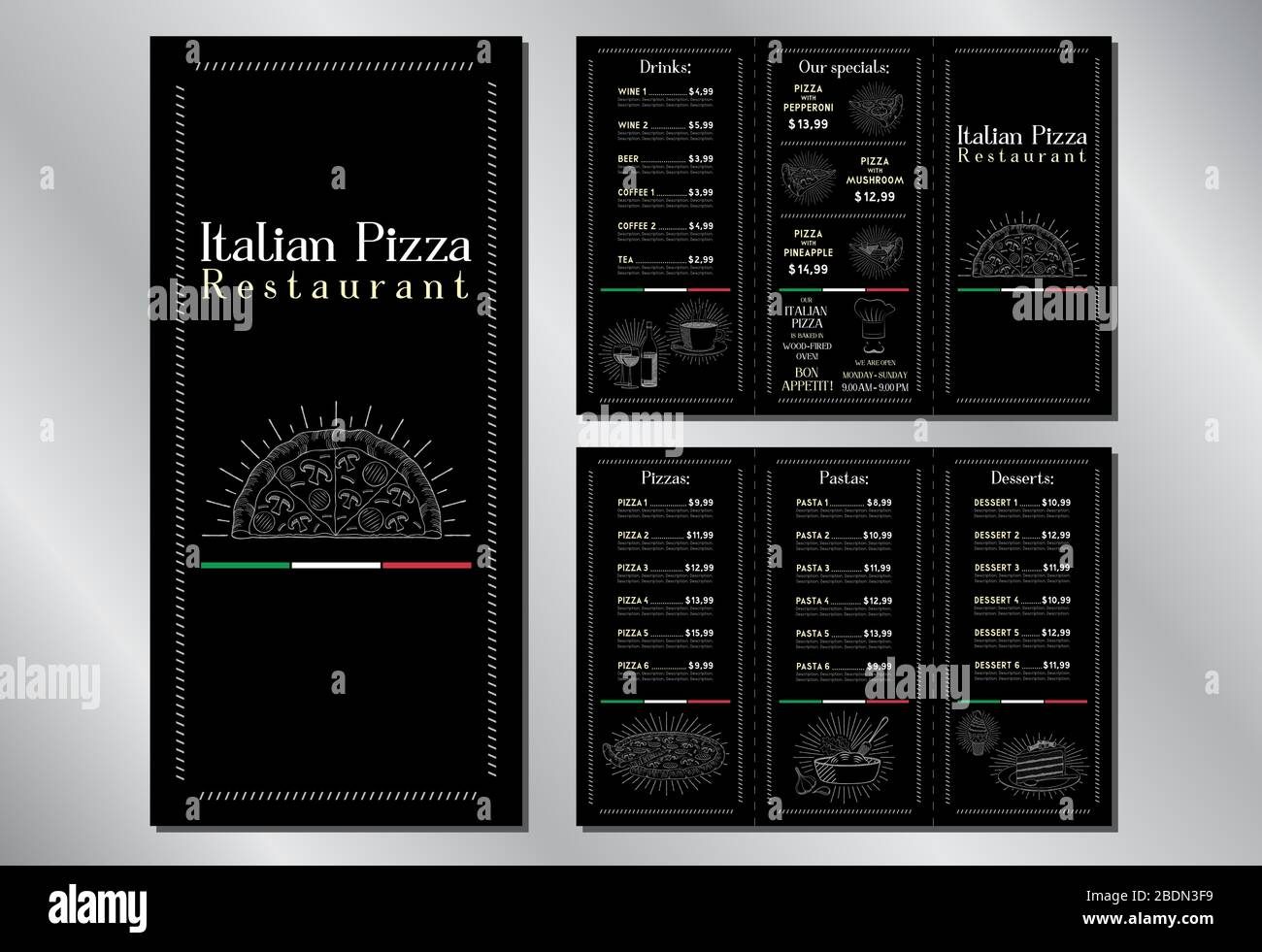 Italian pizza restaurant menu brochure template (pizzas, pastas ...