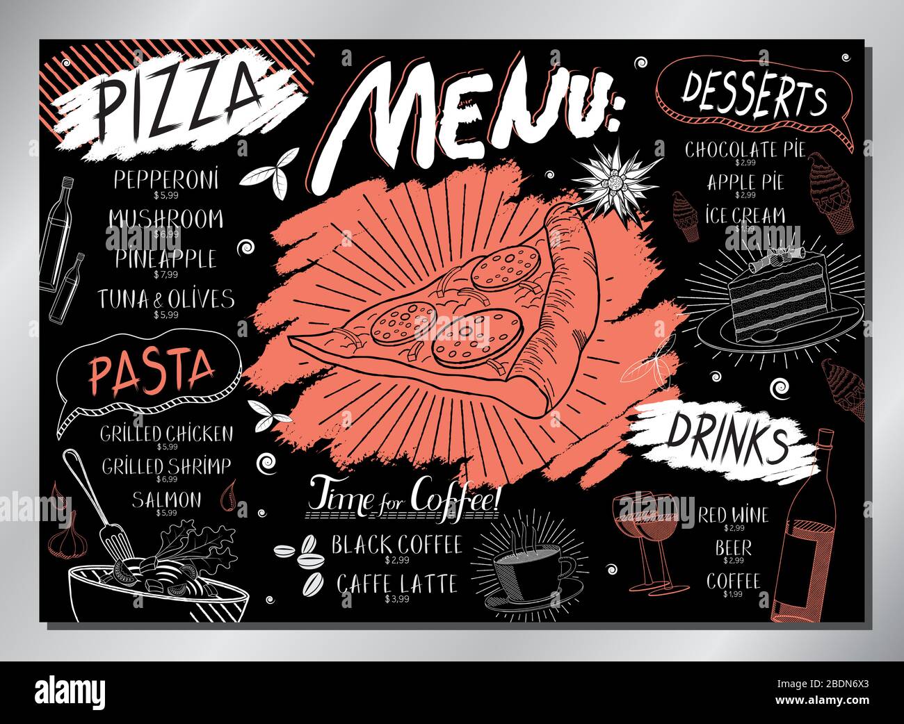 Vintage pizza table menu (pizza, pasta, desserts, drinks) - A3 size ...