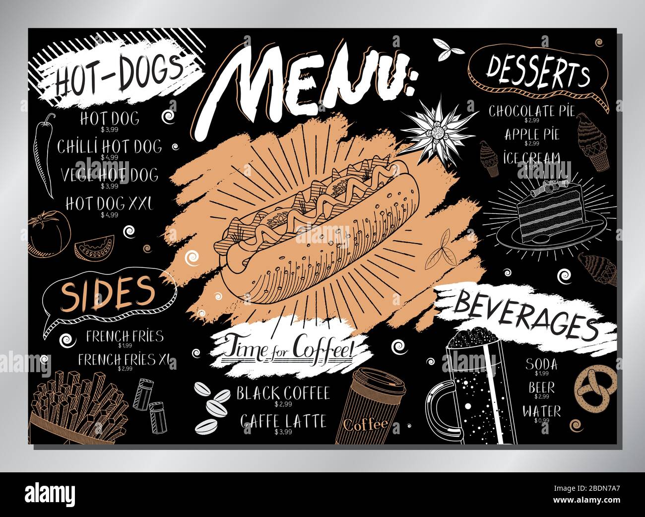 Vintage hot-dogs table menu (hot-dogs, french fries; desserts; drinks ...