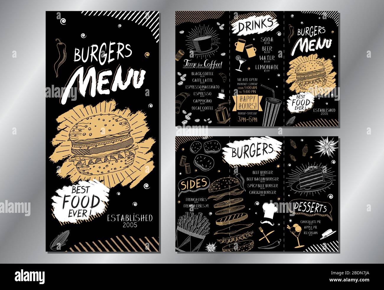 Vintage burger menu/ card template (burgers, french fries, desserts ...