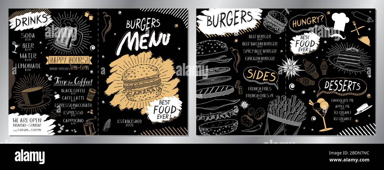 Vintage burger menu/ card template (burgers, french fries, desserts ...