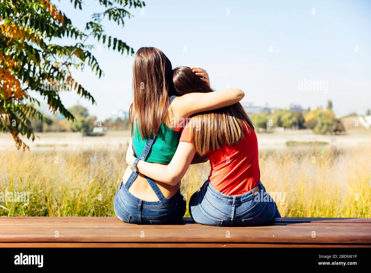 Two best female friends embracing together while sitting outdoors Stock ...