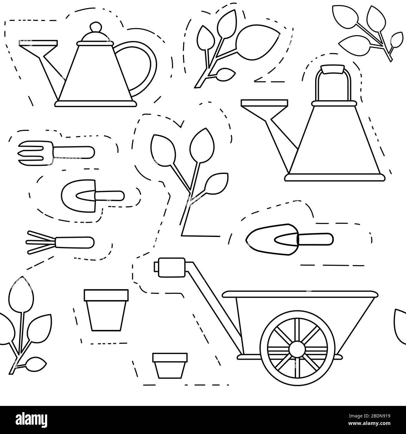 Seamless pattern gardening items collection outline icons set flat ...