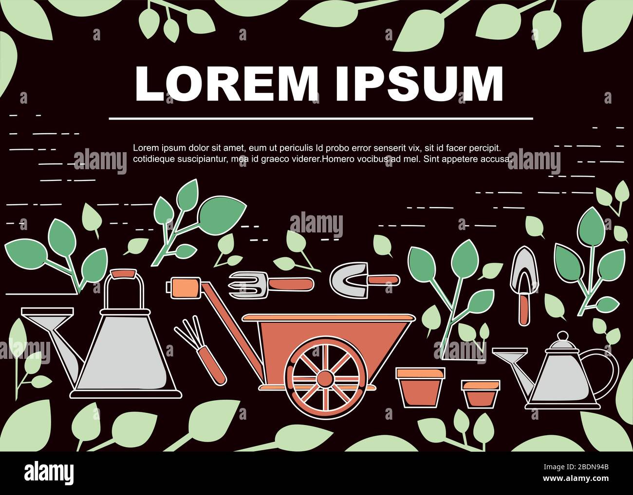 Gardening items collection outline icons advertising flyer design flat ...