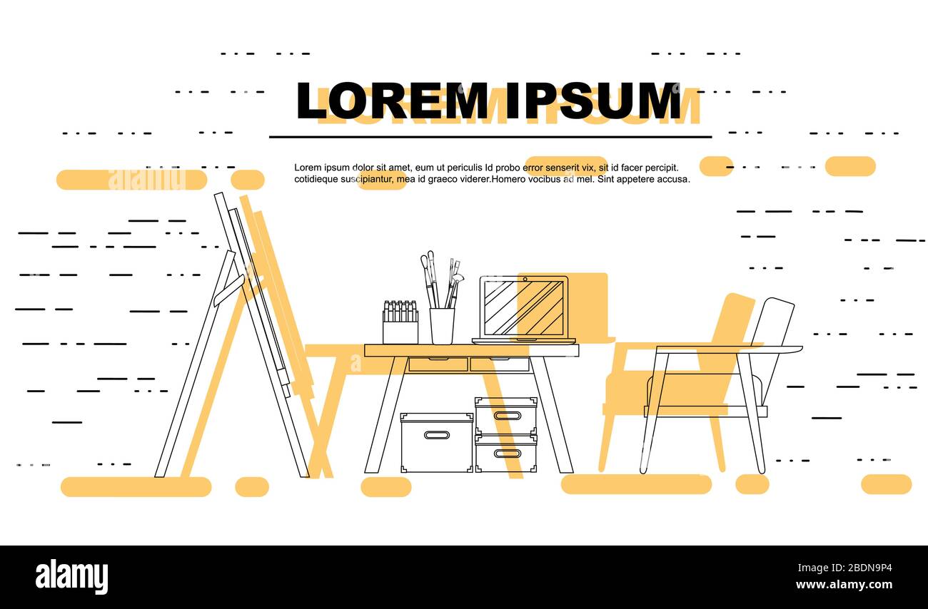 Outline style advertising flyer design concept with working desk chair ...