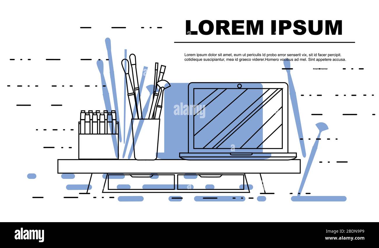 Outline style advertising flyer design concept with working desk flat ...