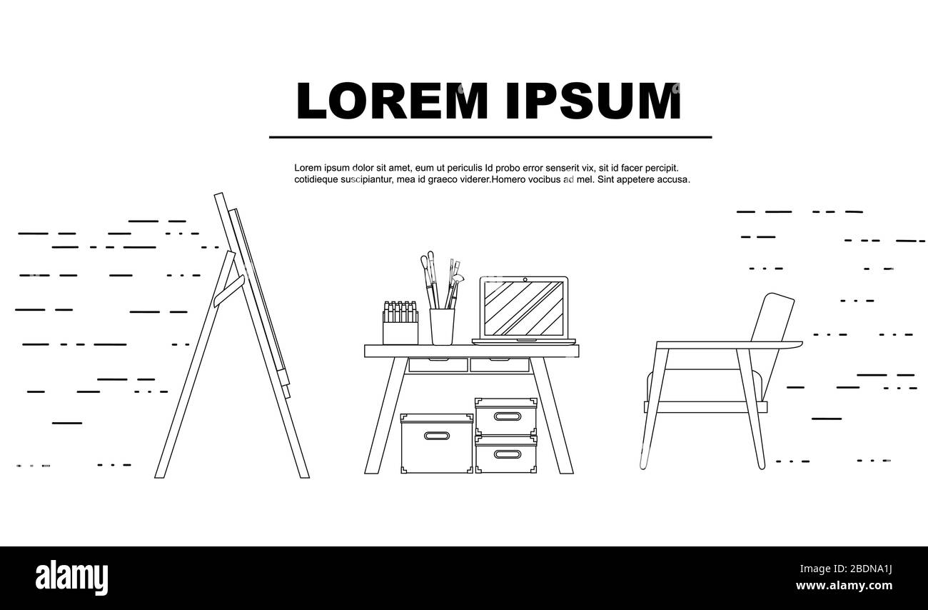 Outline style advertising flyer design concept with working desk chair ...