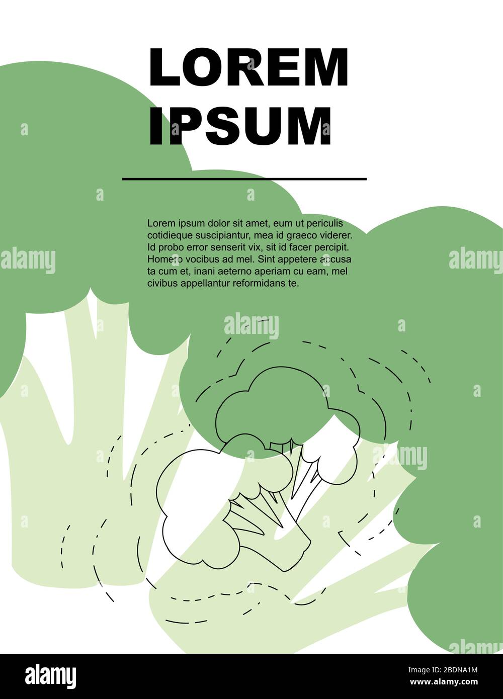 Advertising flyer or greetings card design with outline broccoli flat ...
