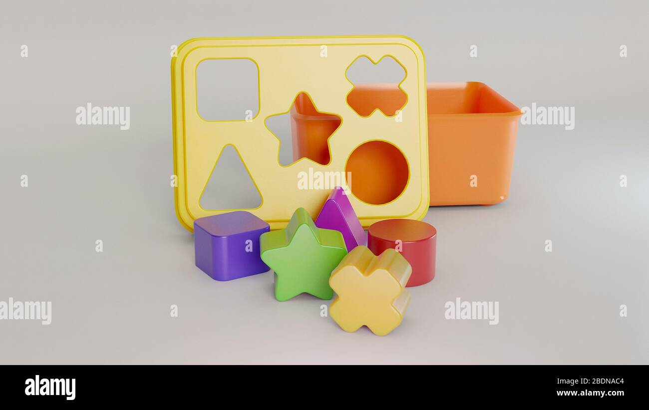 Colorful geometry toy box. Children game. 3D illustration Stock Photo ...