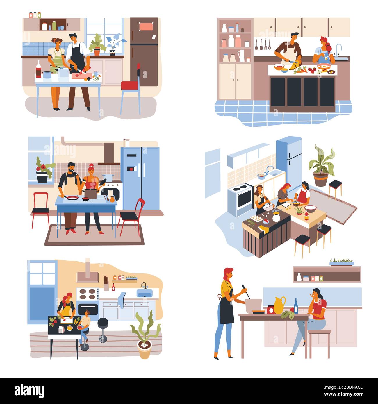 Couples and friends at kitchen, people cooking food Stock Vector Image ...