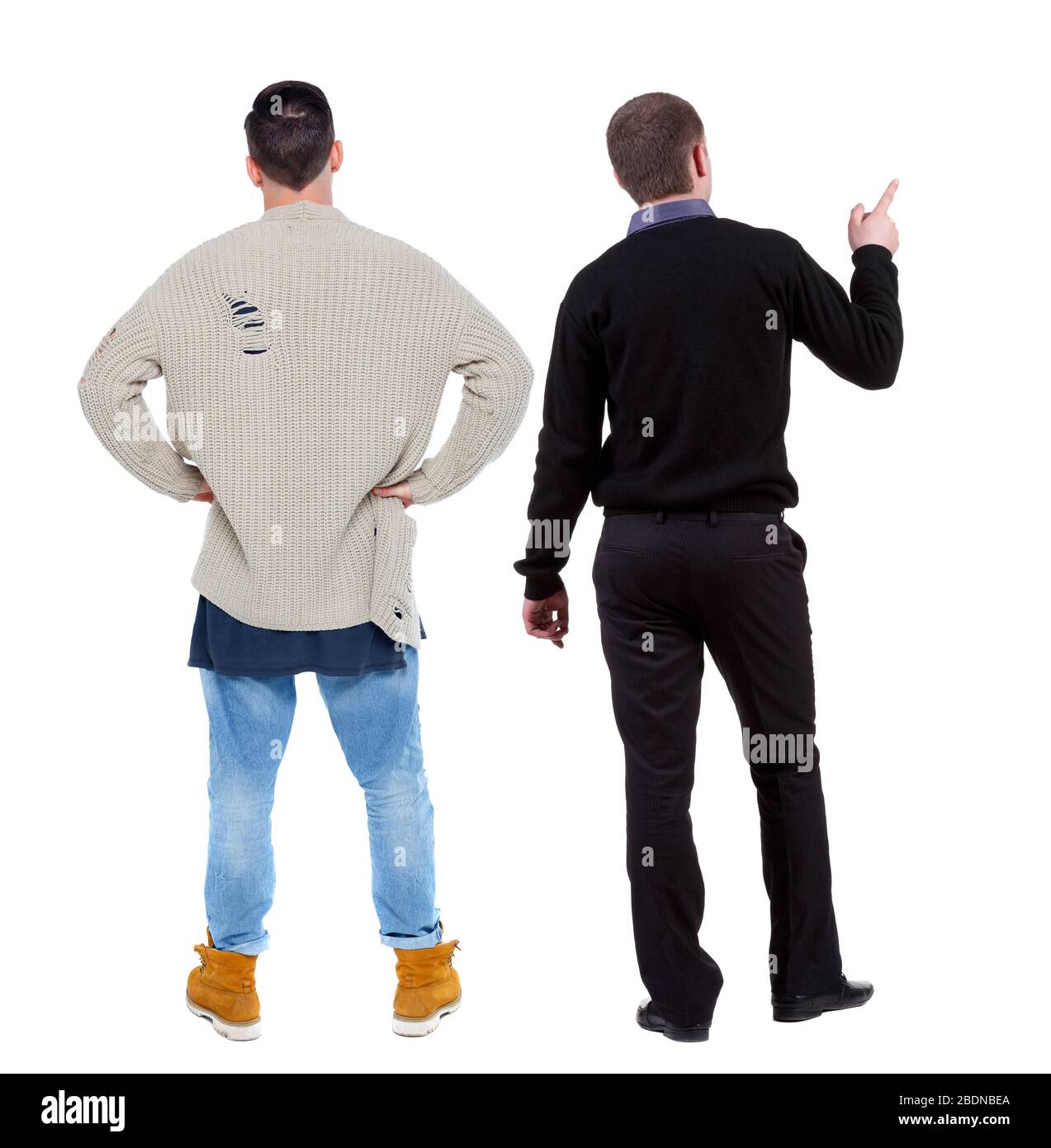 Back view of two man in sweater pointing. Rear view people collection ...