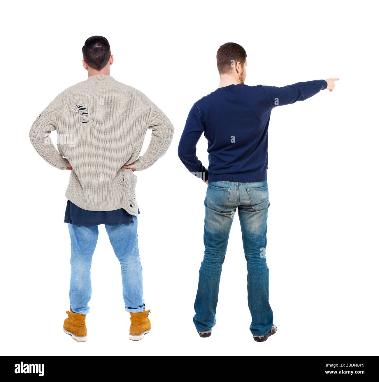 Back view of two man in sweater pointing. Rear view people collection ...