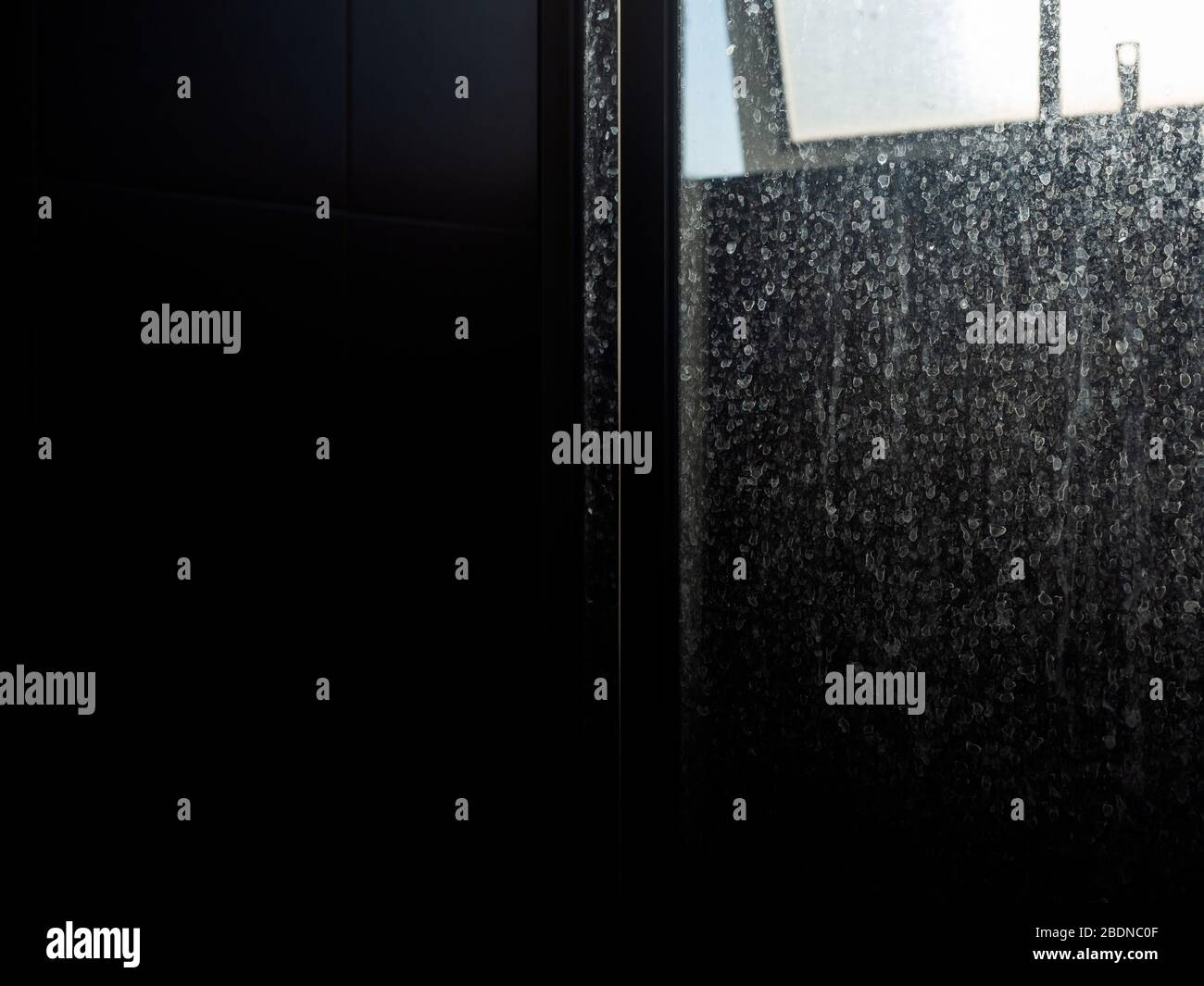 Dusty and dirty glass door. Water stain on sliding door in bathroom ...