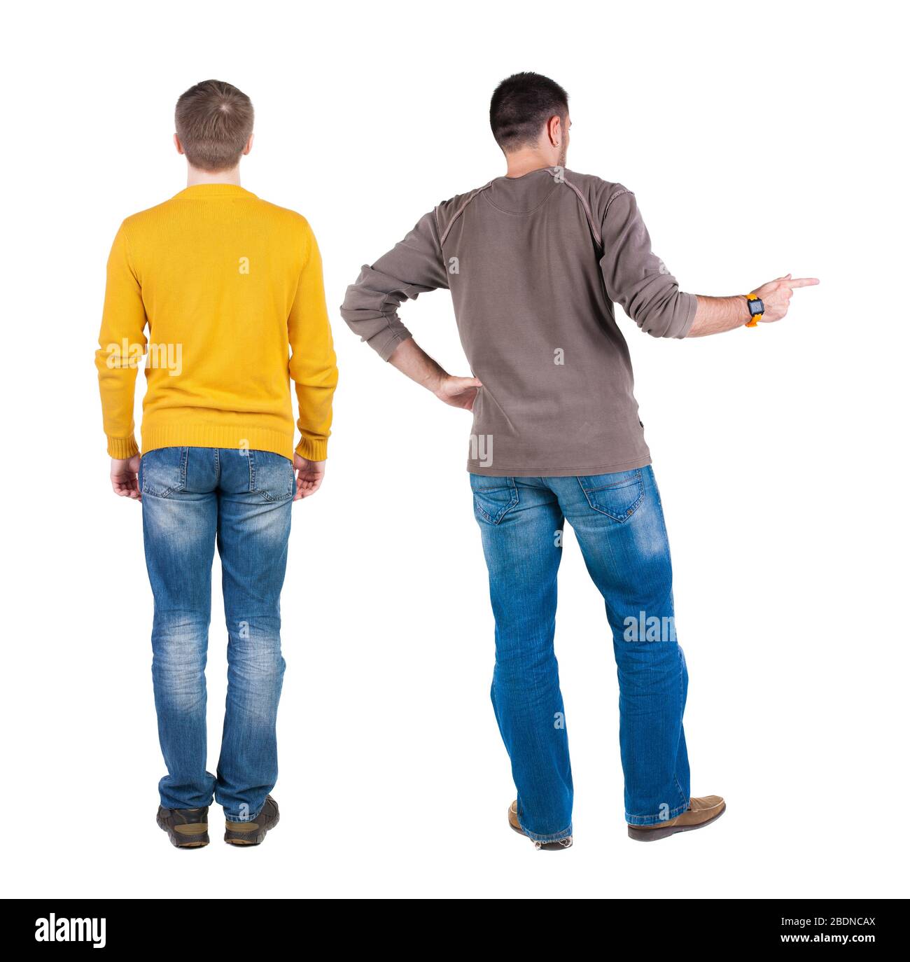 Back view of two man in sweater pointing. Rear view people collection ...