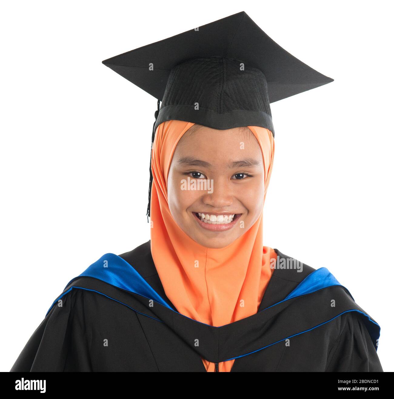 Female student in graduation gown, standing isolated white background ...