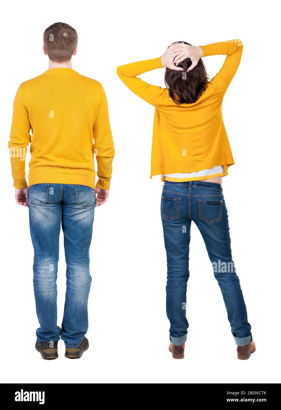 Back view couple in sweater. beautiful man and woman. Rear view people ...