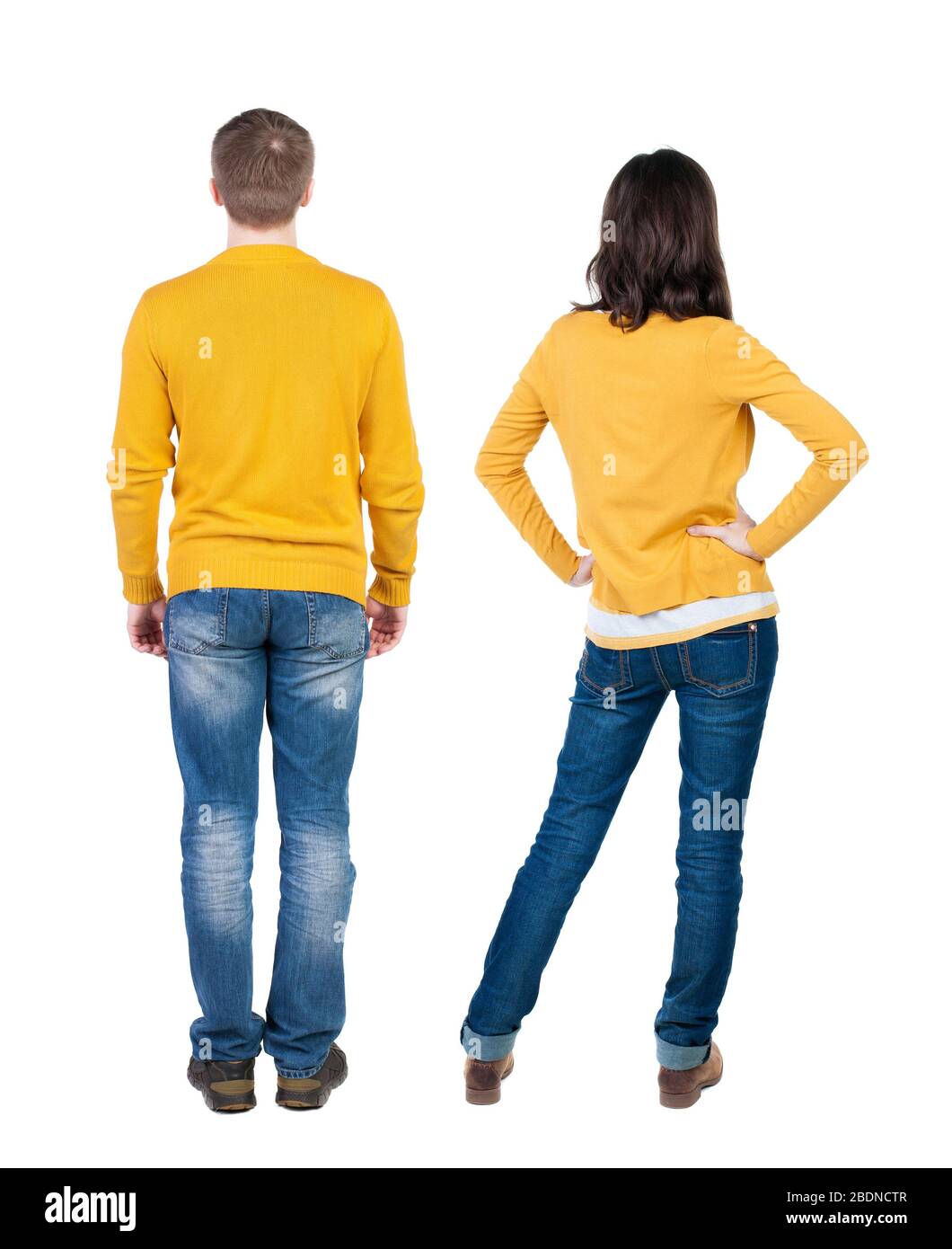 Back view couple in sweater. beautiful man and woman. Rear view people ...