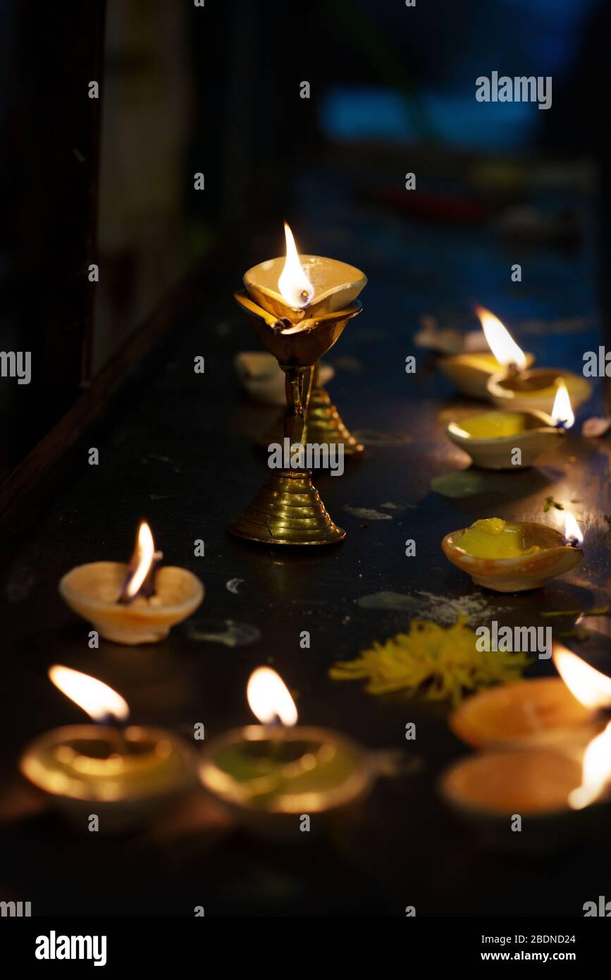 Diwali oil lamp in indian temple Stock Photo - Alamy