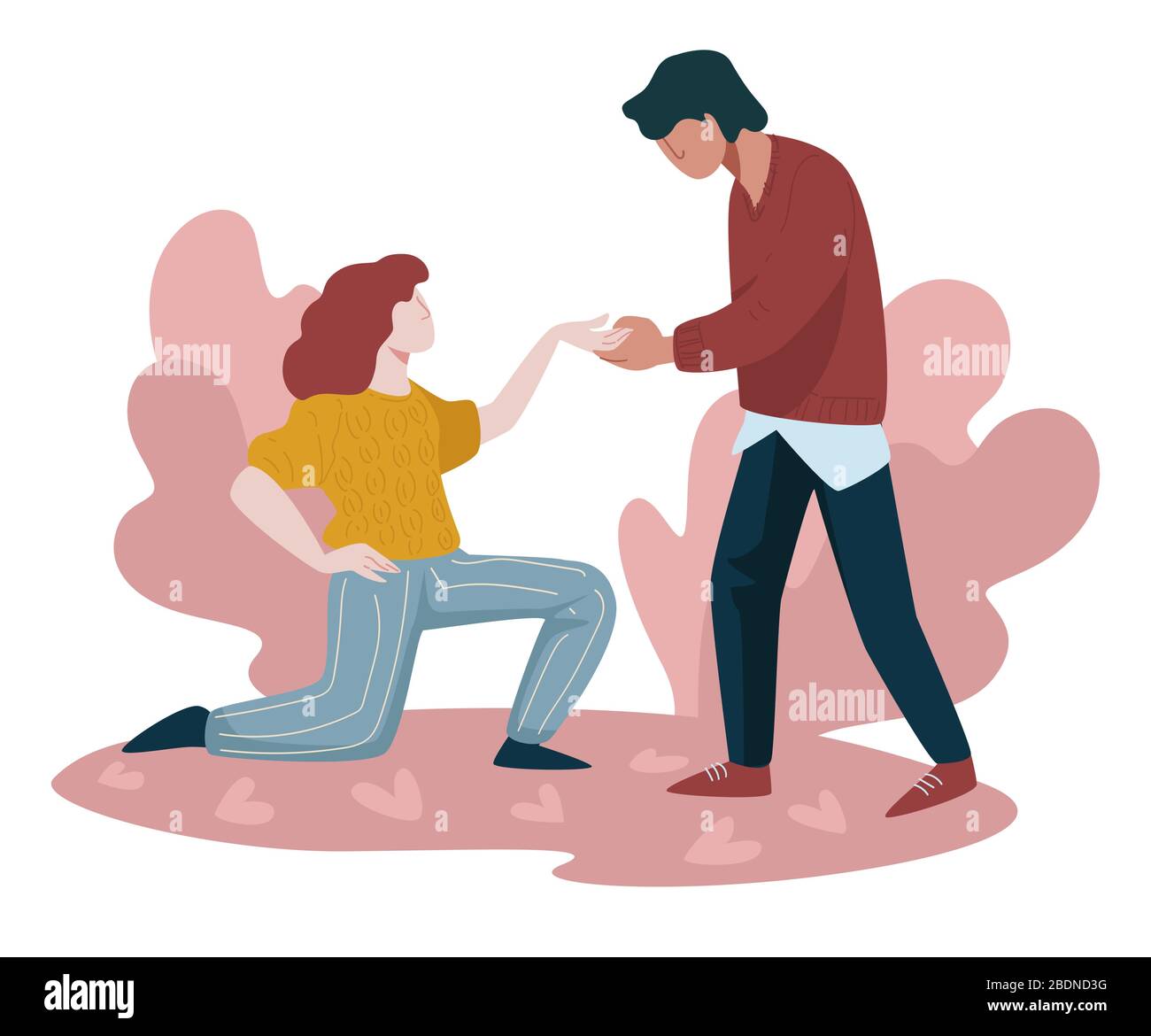 Unusual proposal by girlfriend, kneeling woman popping question Stock ...