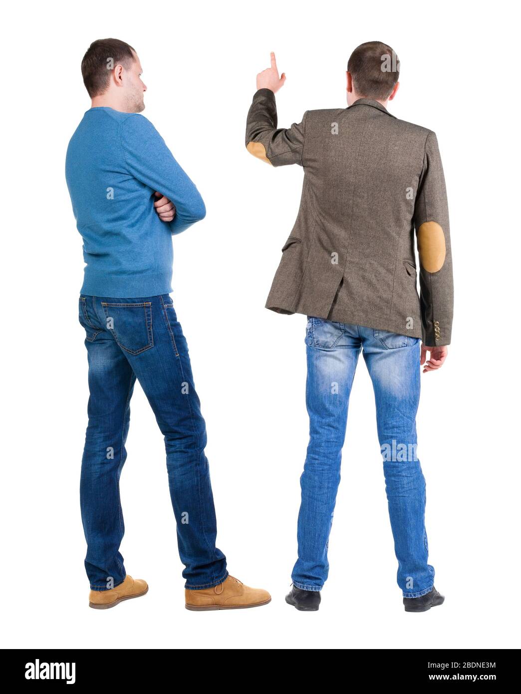 Back view of two man in sweater pointing. Rear view people collection ...
