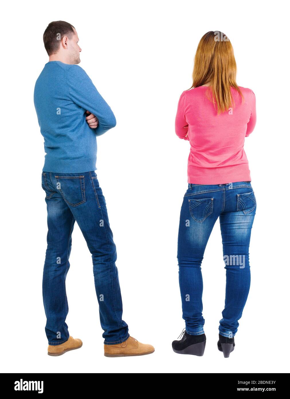 Back view couple in sweater. beautiful man and woman. Rear view people ...