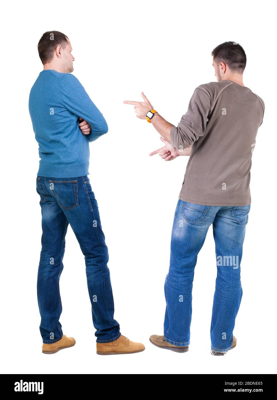Back view of two man in sweater pointing. Rear view people collection ...