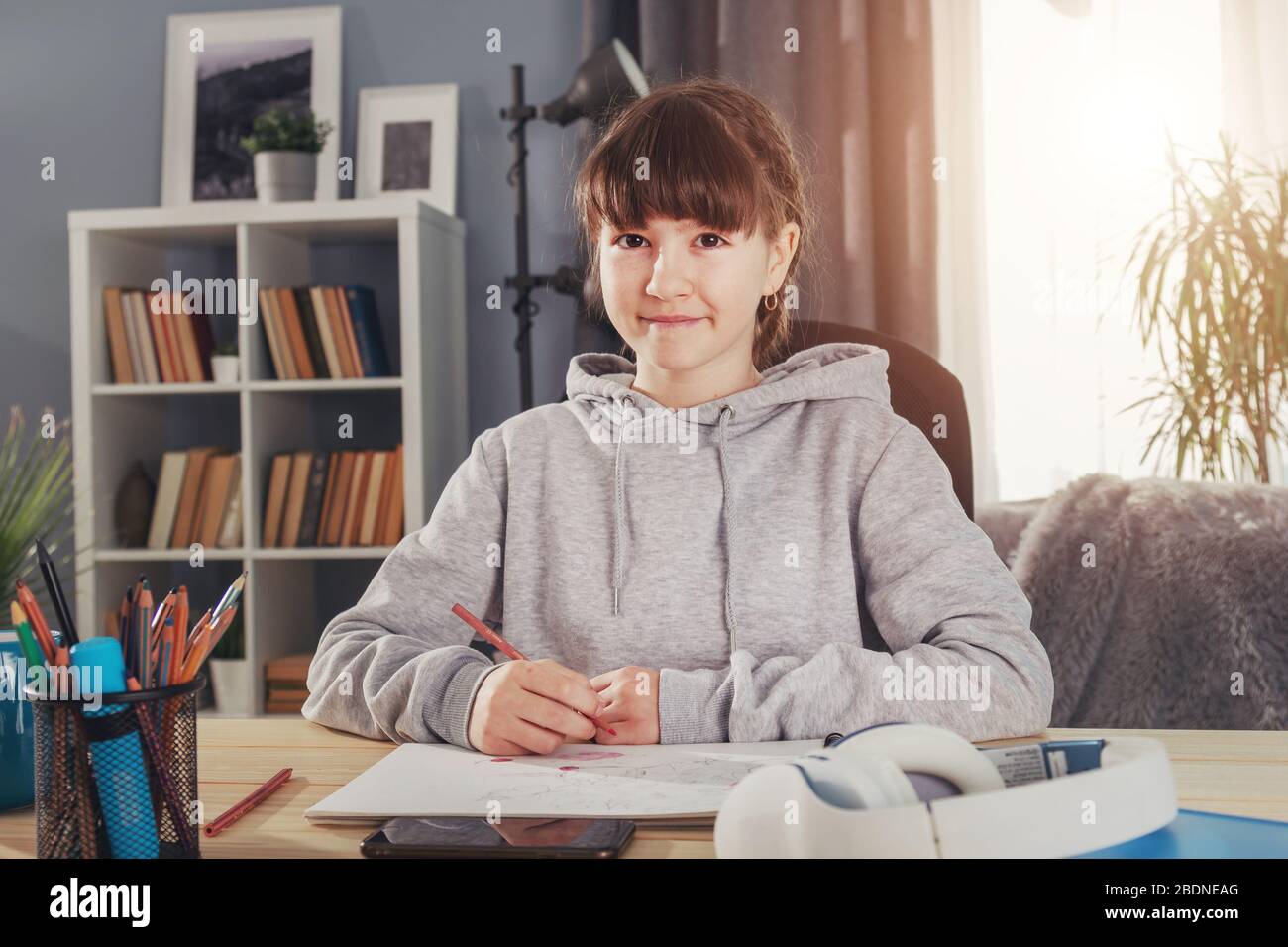 Girl studying lessons at home Stock Photo - Alamy