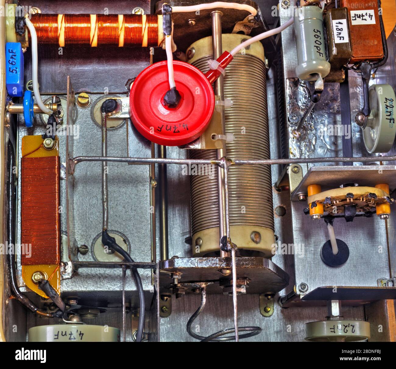Inside view of high frequency power amplifier with capacitors, coils ...