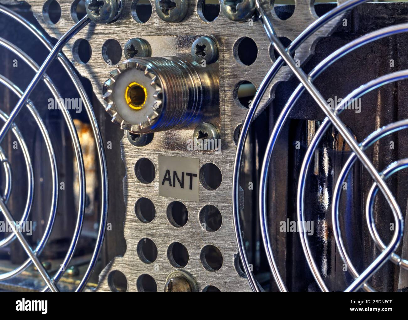 Rear panel of a high frequency power amplifier with vacuum tubes close ...
