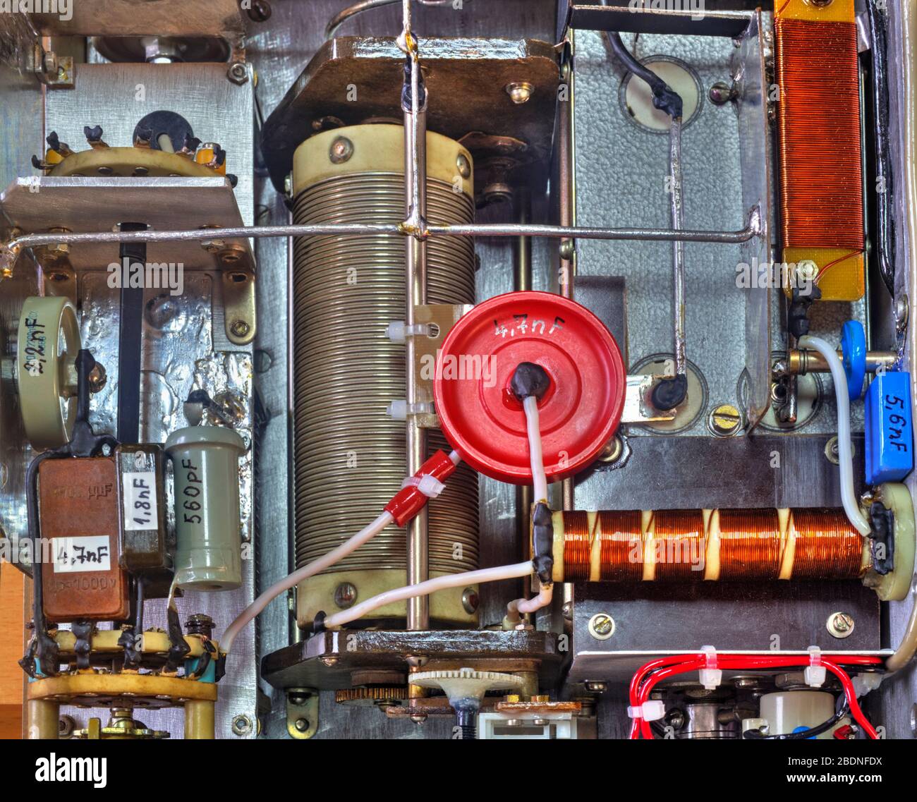 Inside view of high frequency power amplifier with capacitors, coils ...